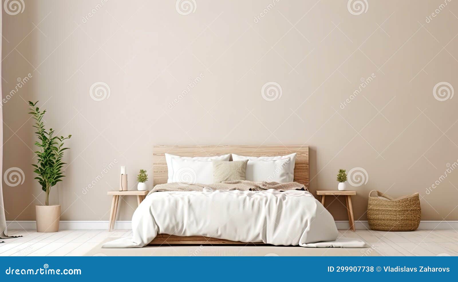 Calm Beige Bedroom with an Empty Wall Layout Stock Photo - Image of ...