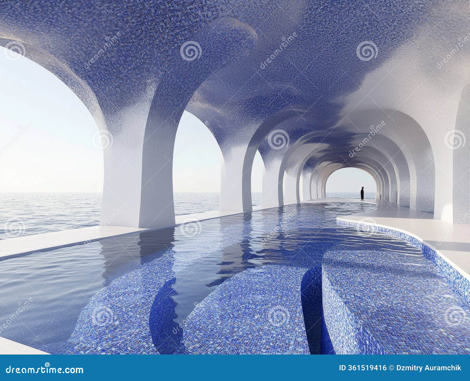 Calm Blue Mosaic Walkway Arch Facing the Ocean Stock Photo - Image of ...