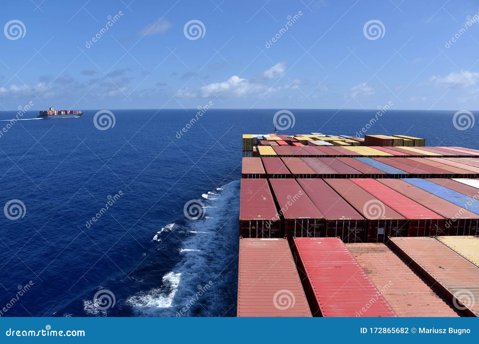 Calm Blue Sea with Sailing Container Ship. Stock Photo - Image of ...