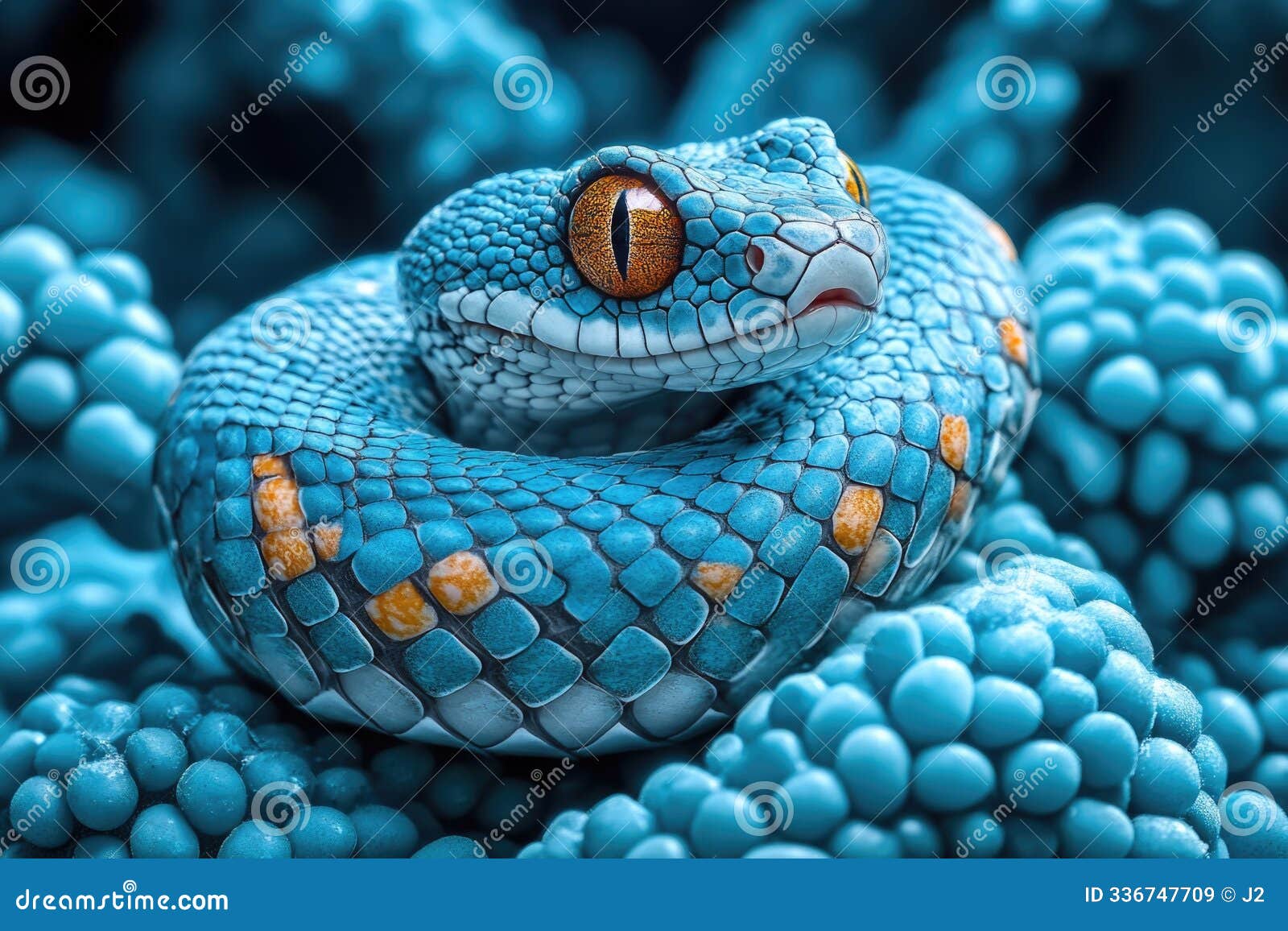 Calm Blue Snake Coiled on Bumpy Surface with Striking Orange Eyes. AI ...
