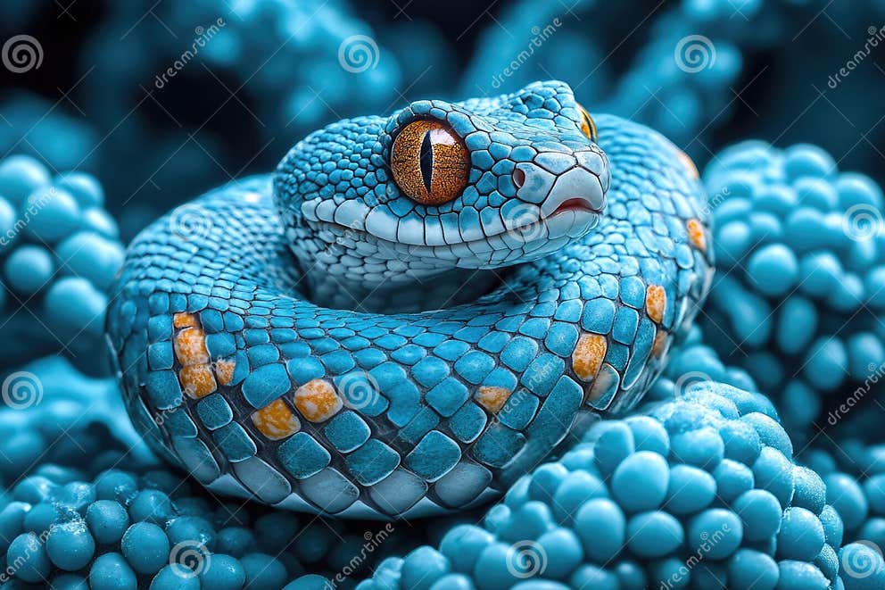 Calm Blue Snake Coiled on Bumpy Surface with Striking Orange Eyes. AI ...