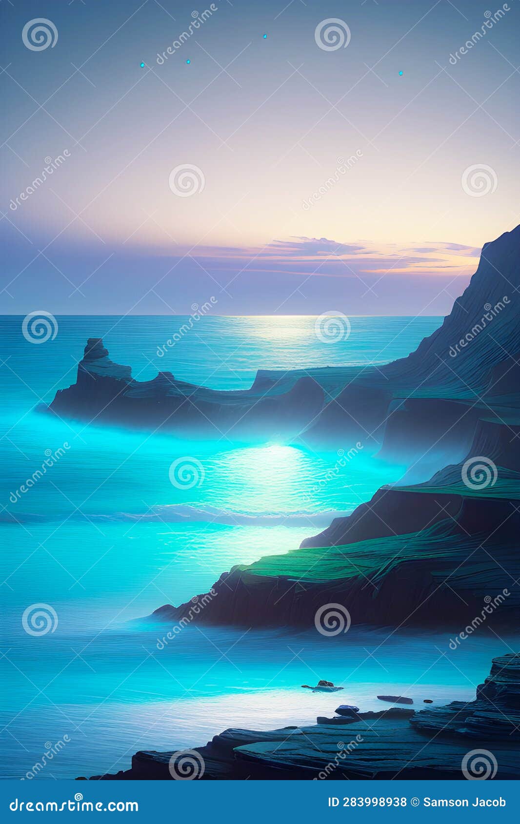 Calm Evening View of the Beach with Mountain Cliffs at Twlight ...