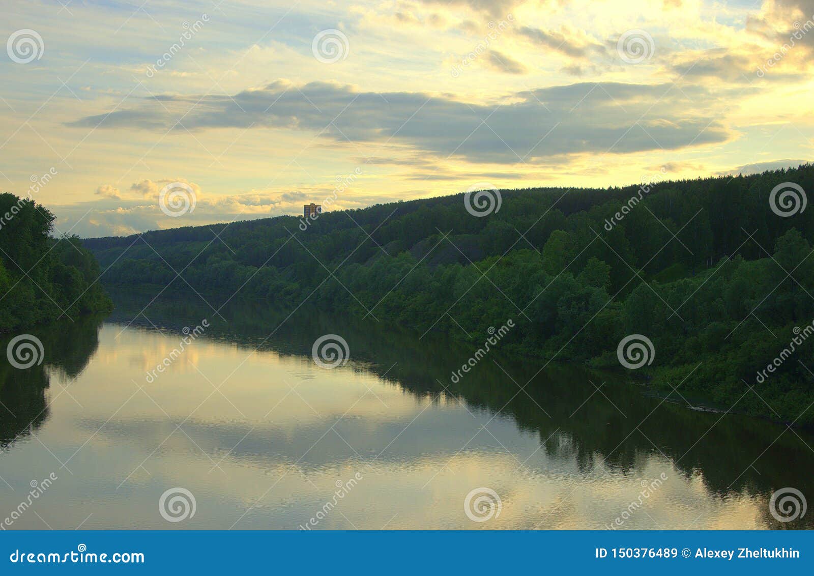 Calm Flow of the River with Reflection of Clouds at Sunset. Landscape ...
