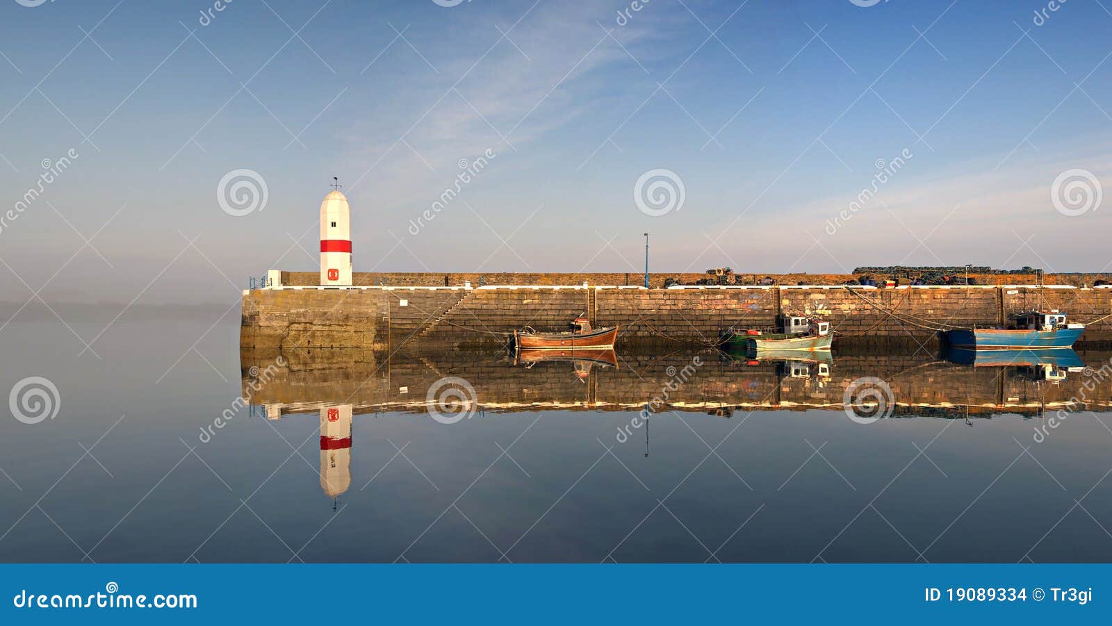Calm Harbour, Lighthouse and Boats Water Reflect Stock Photo - Image of ...
