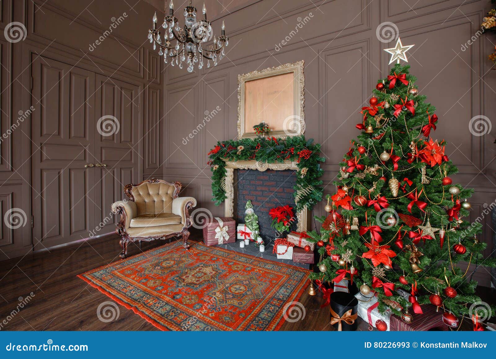 Calm Image of Interior Classic New Year Tree Decorated in a Room with ...