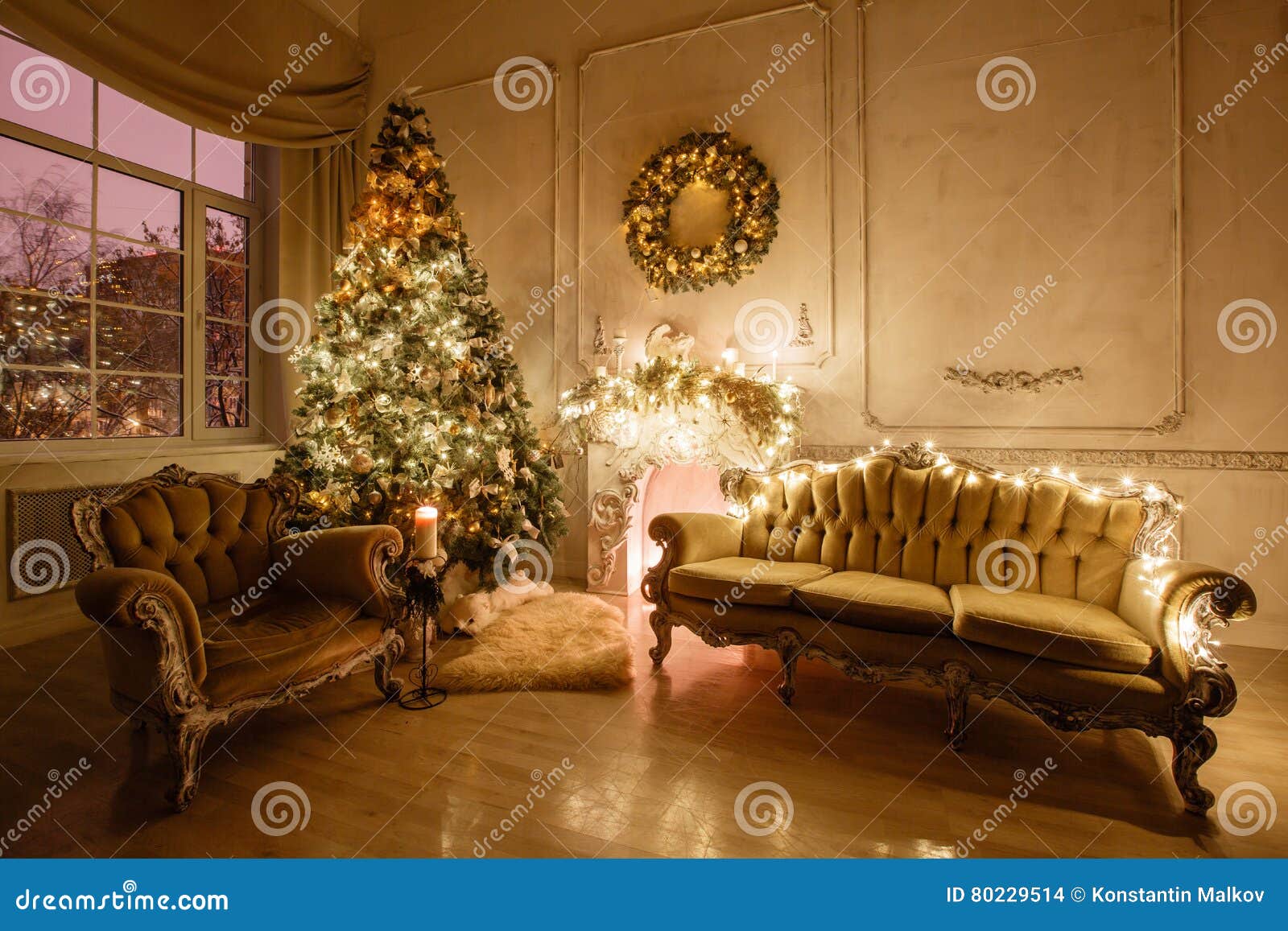 Calm Image of Interior Classic New Year Tree Decorated in a Room with ...