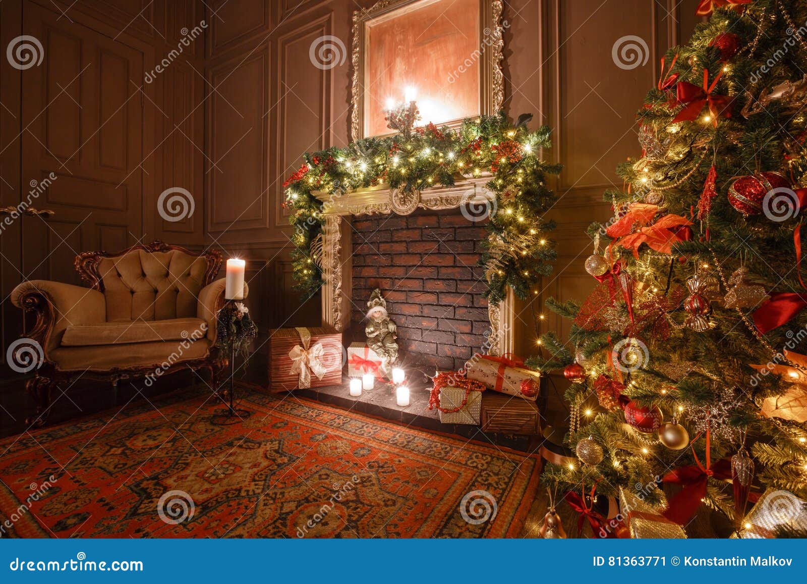 Calm Image of Interior Classic New Year Tree Decorated in a Room with ...