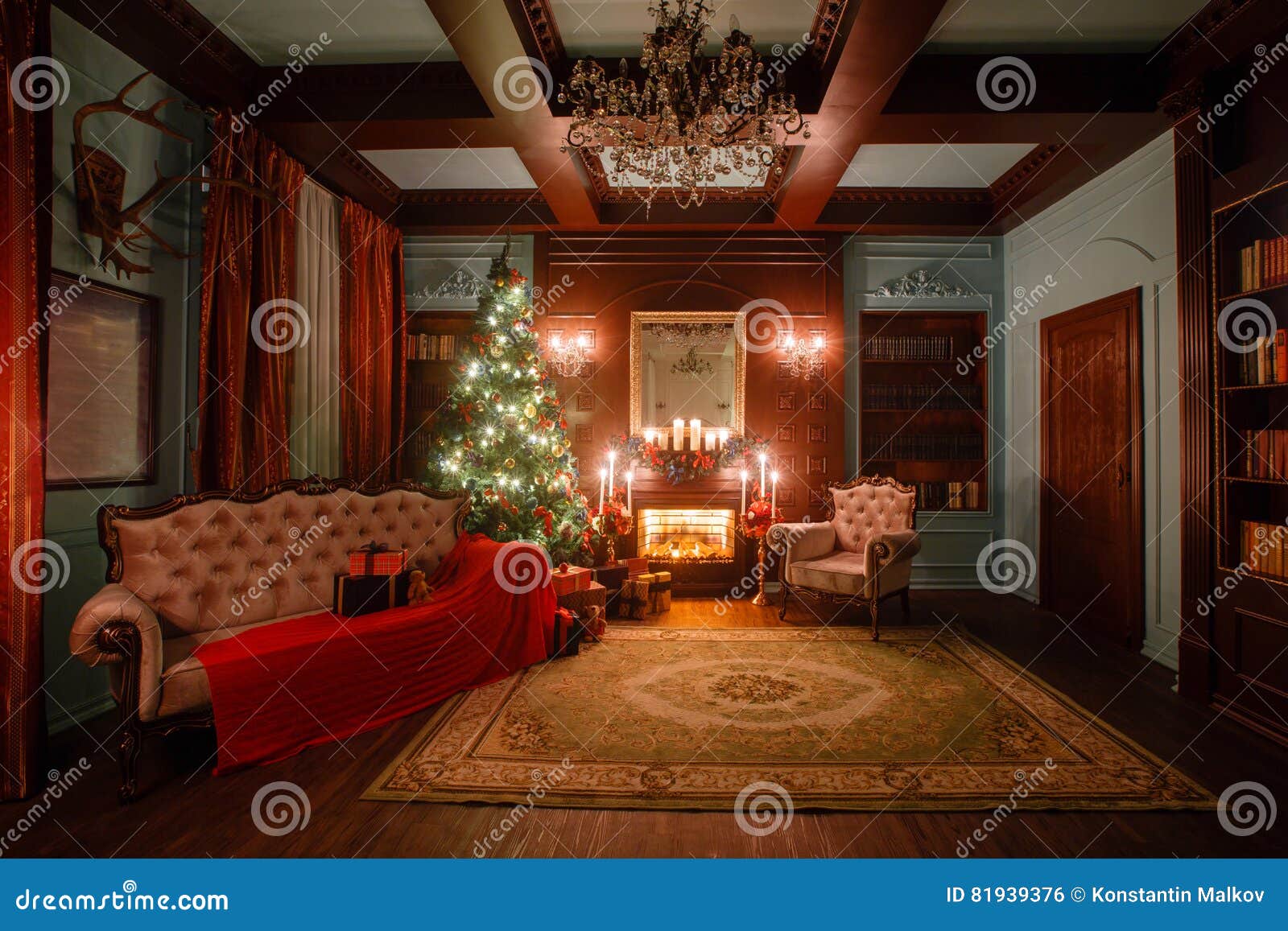 Calm Image of Interior Classic New Year Tree Decorated in a Room with ...