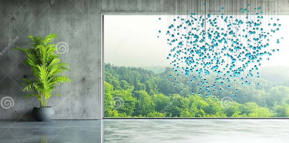 Calm Interior Design Featuring Raindrop Decor and Abundant Greenery ...