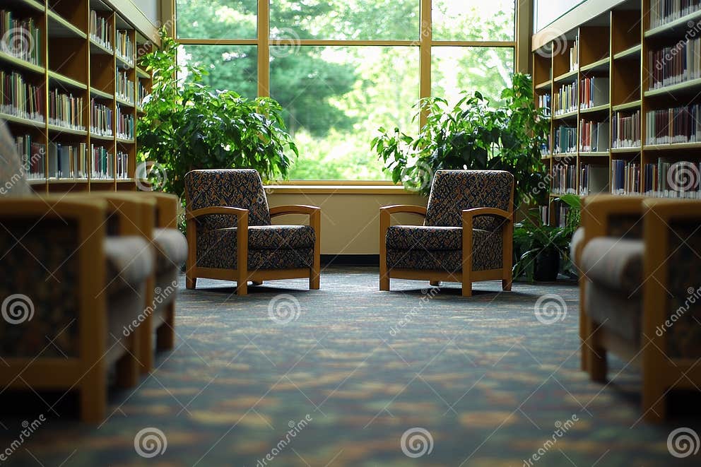 A Calm Library with Bookcases, Chairs, and Plants Stock Photo - Image ...