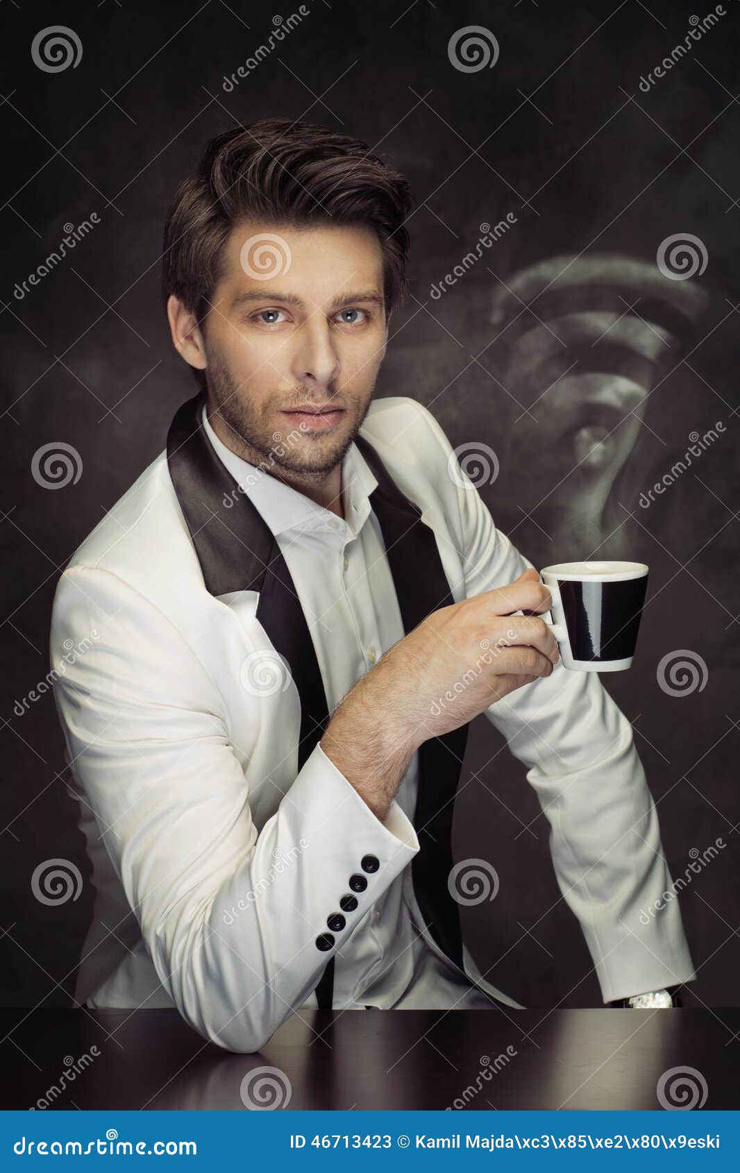 Calm Man Drinking Coffee in the Internet Cafe Stock Image - Image of ...