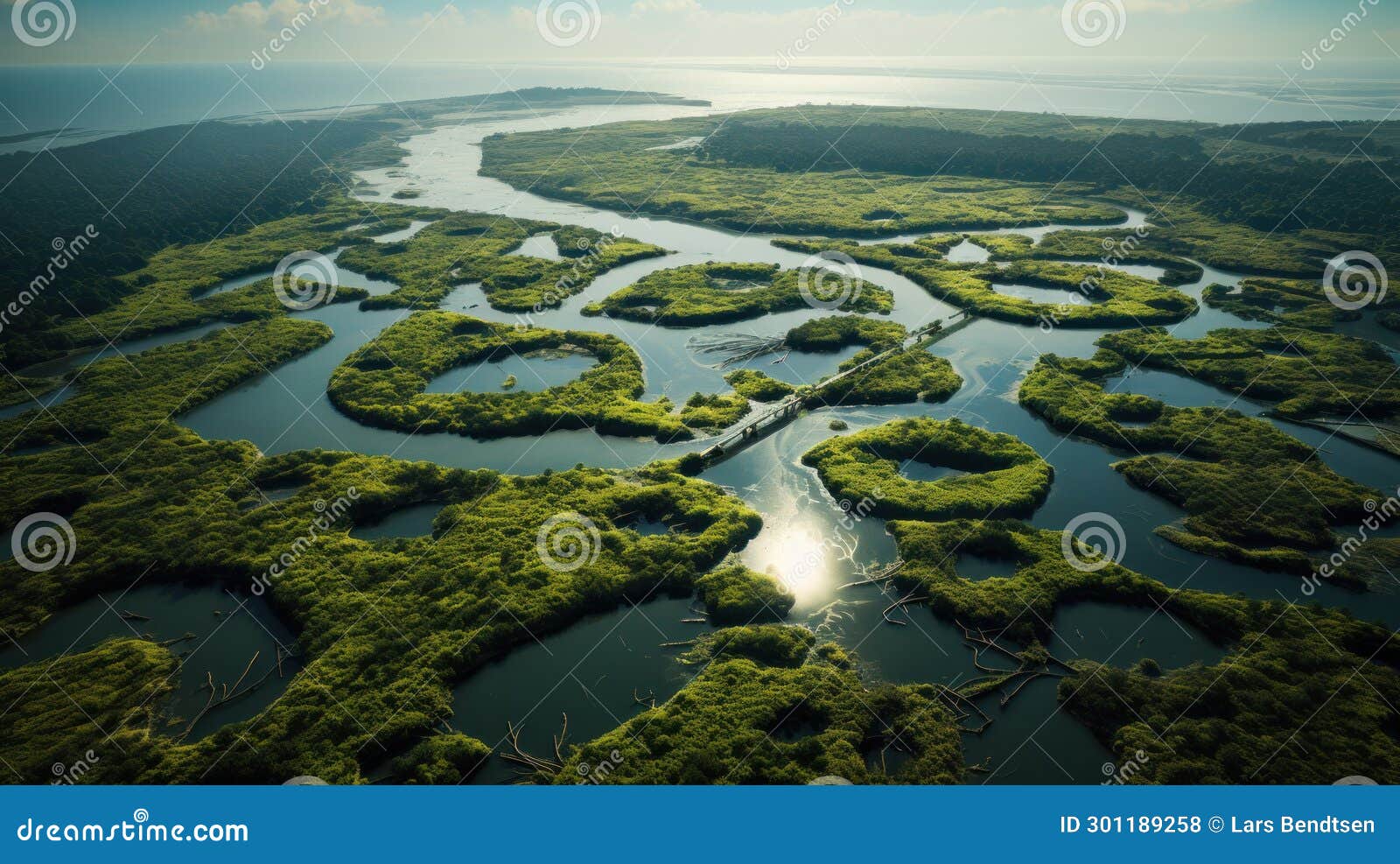 Calm River Delta Aerial View - AI Generated Stock Illustration ...