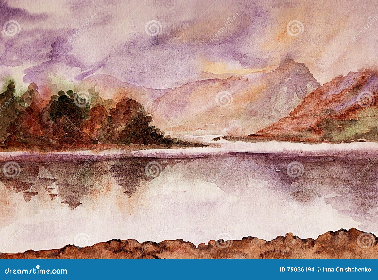 Calm river . Watercolor stock illustration. Illustration of calm - 79036194