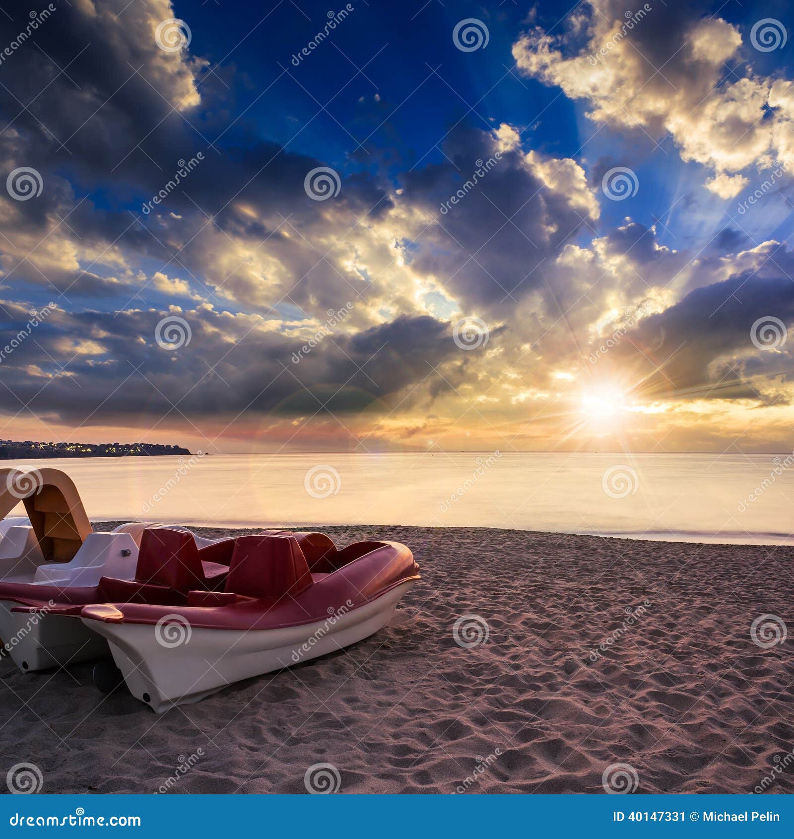 Calm Sea Beach with Boats at Sunset Stock Image - Image of blue, calm ...