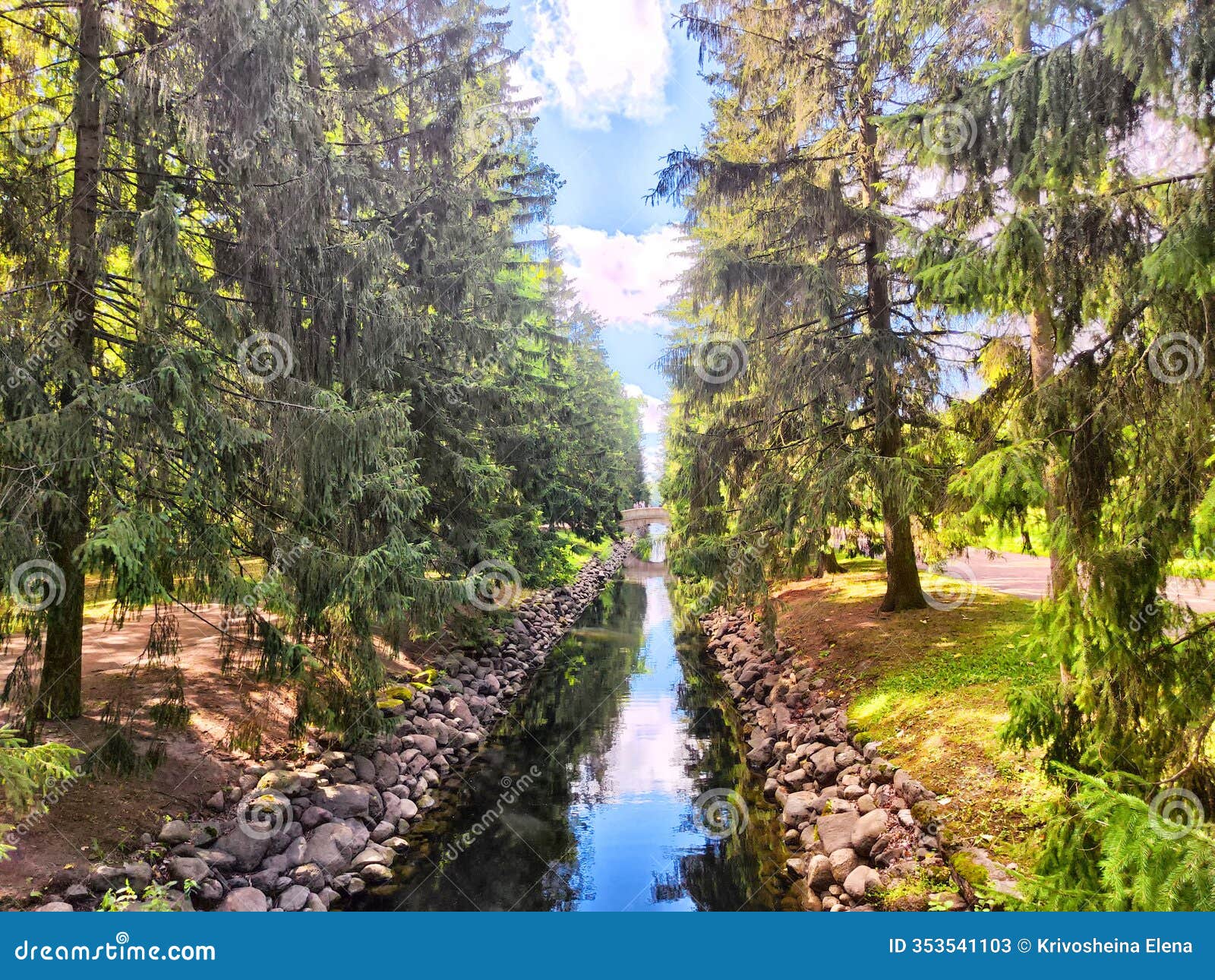 A Calm Stream Flows through a Forest on a Sunny Day, Lined with Stone ...