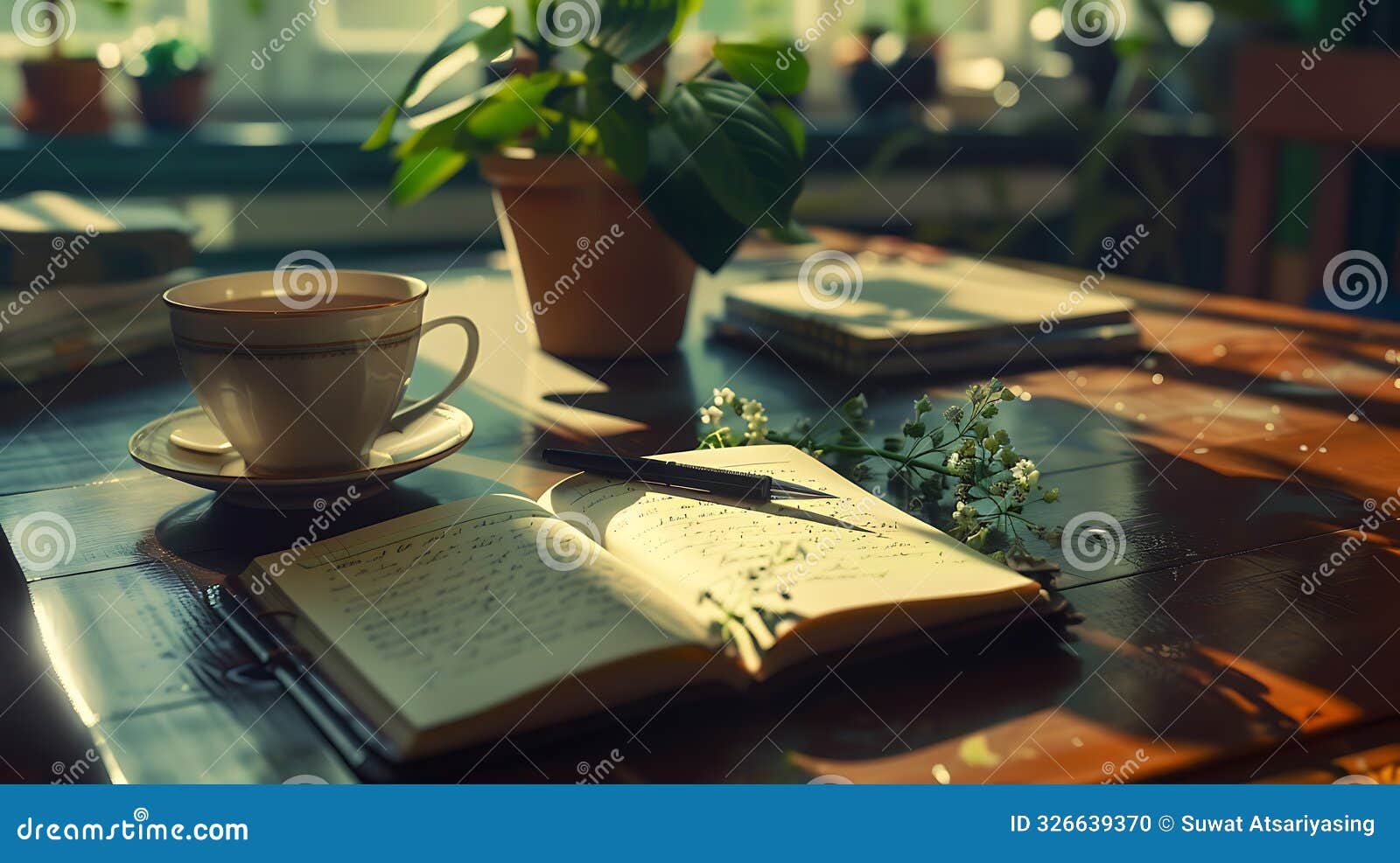 A Calming Desktop Setup with a Journal, Pen, and a Cup of Herbal Tea ...