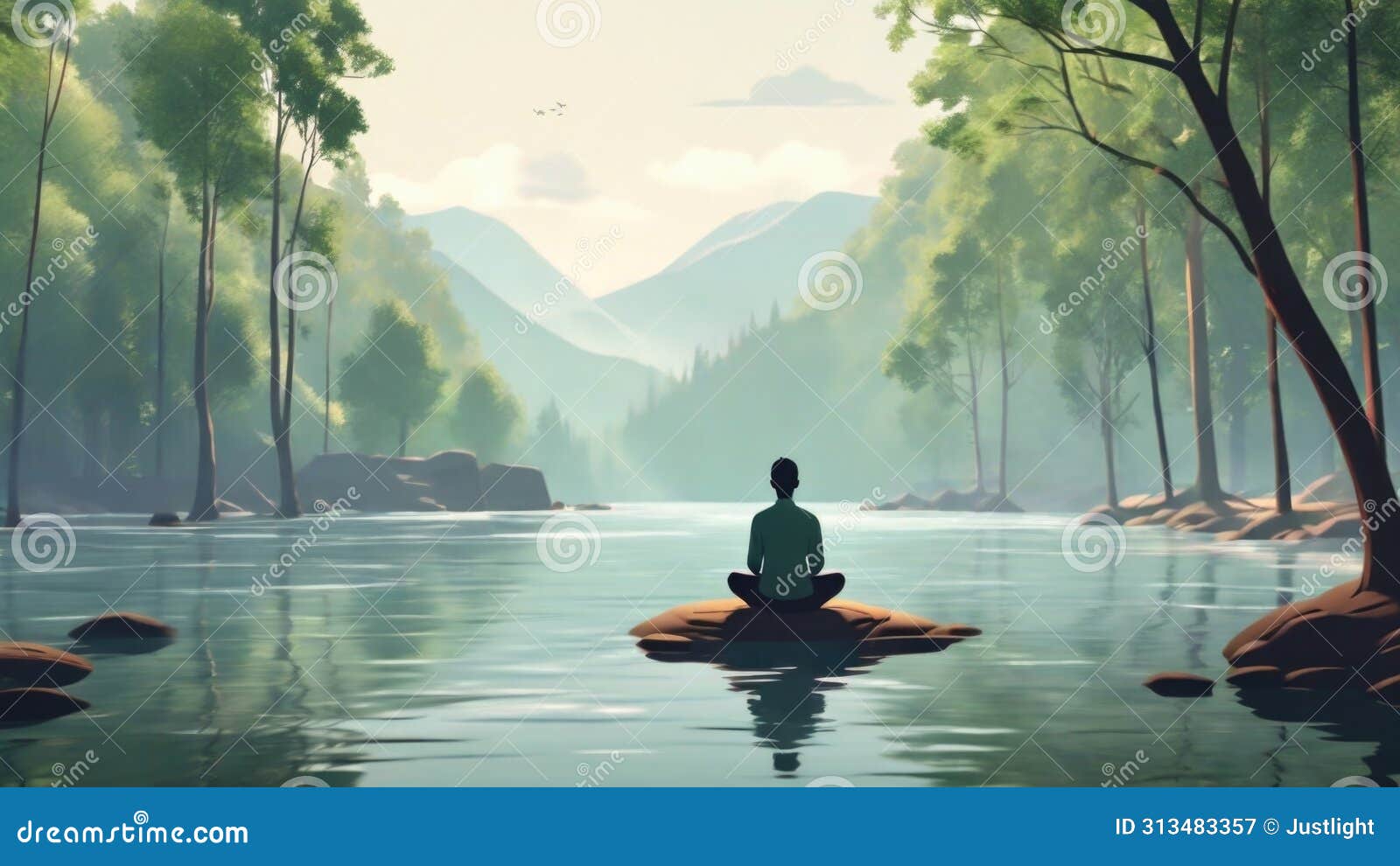 A Calming Illustration of a Person Sitting in Nature, Surrounded by ...