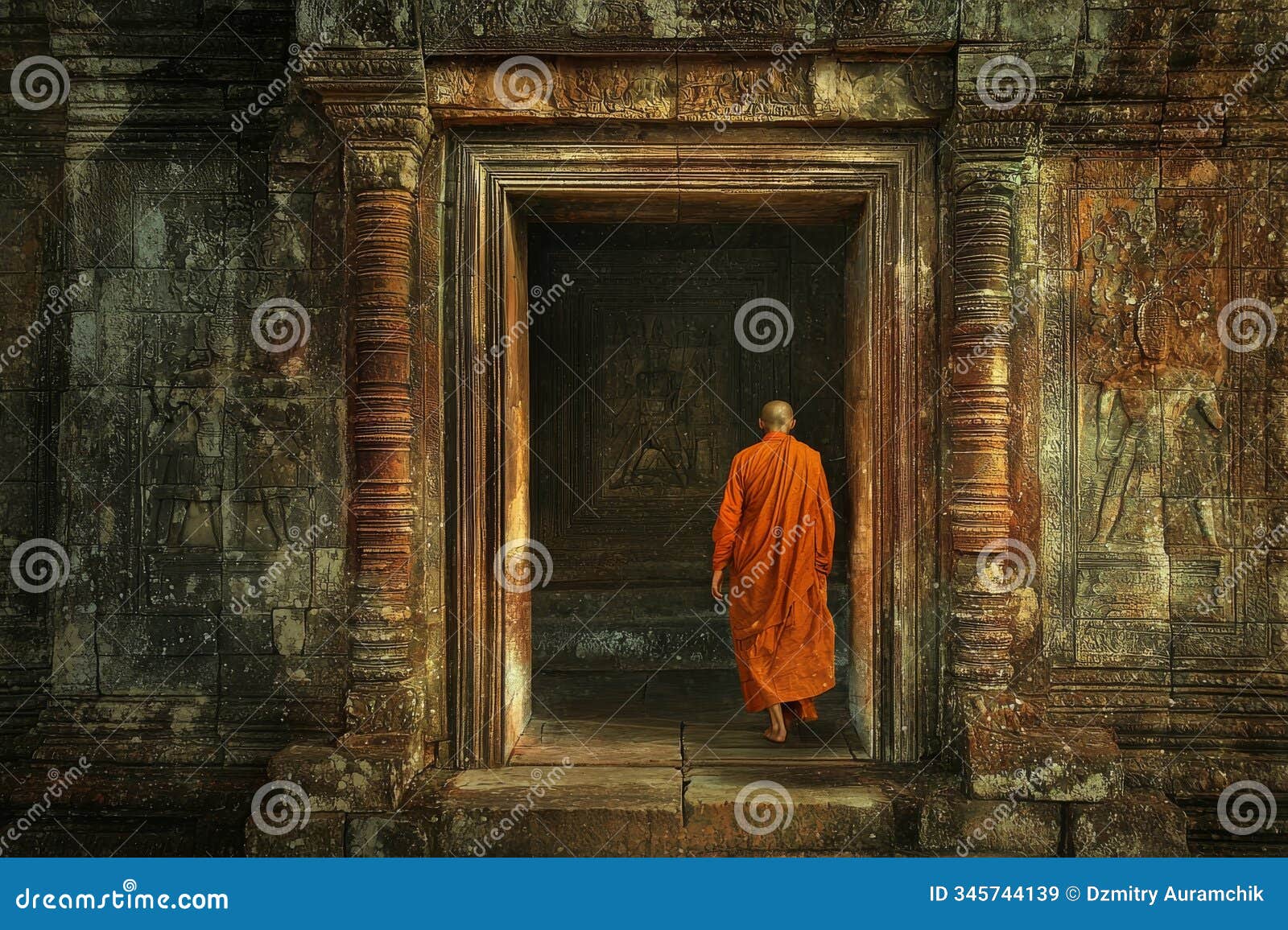 Cambodia. Angkor Wat Temple. a Monk Regards a Bas-relief Representing ...