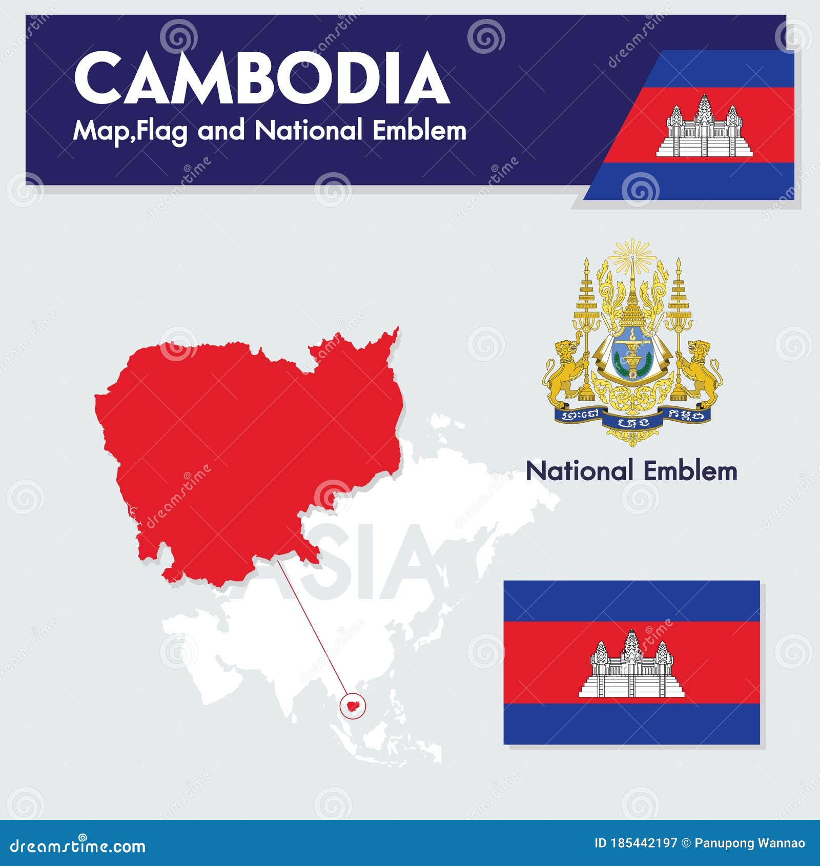Cambodia Flag Map and National Emblem Stock Vector - Illustration of ...