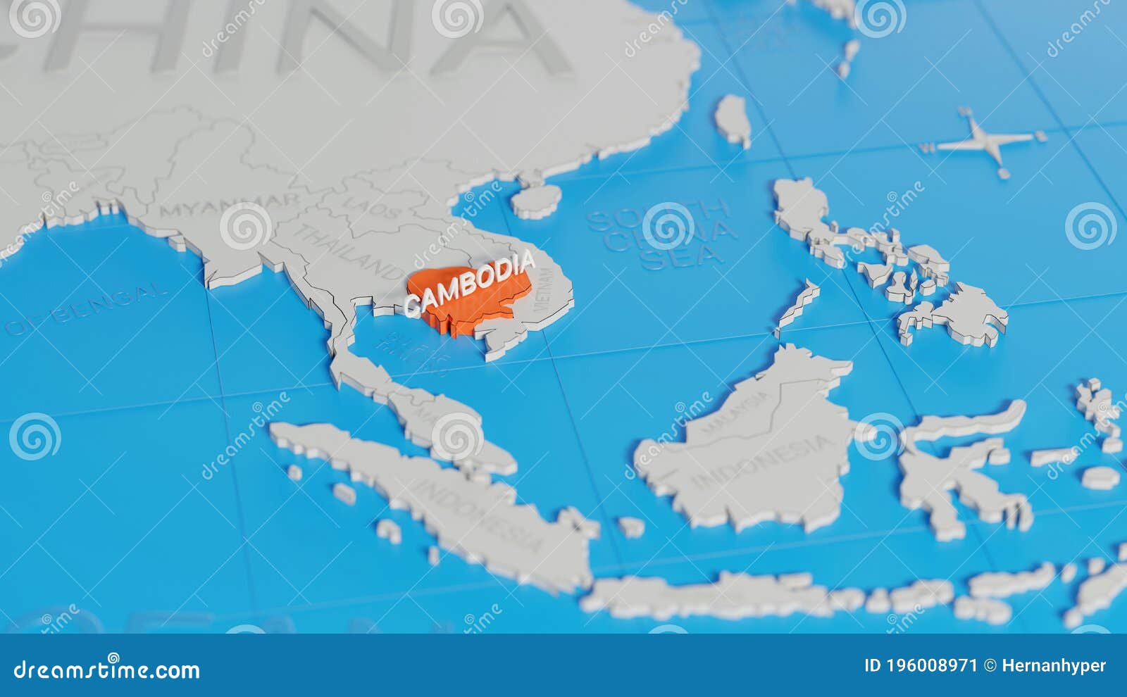 Cambodia Highlighted on a White Simplified 3D World Map. Digital 3D ...