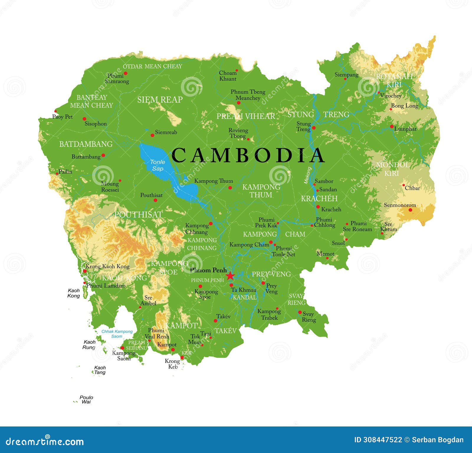 Cambodia-highly Detailed Physical Map Stock Illustration - Illustration ...