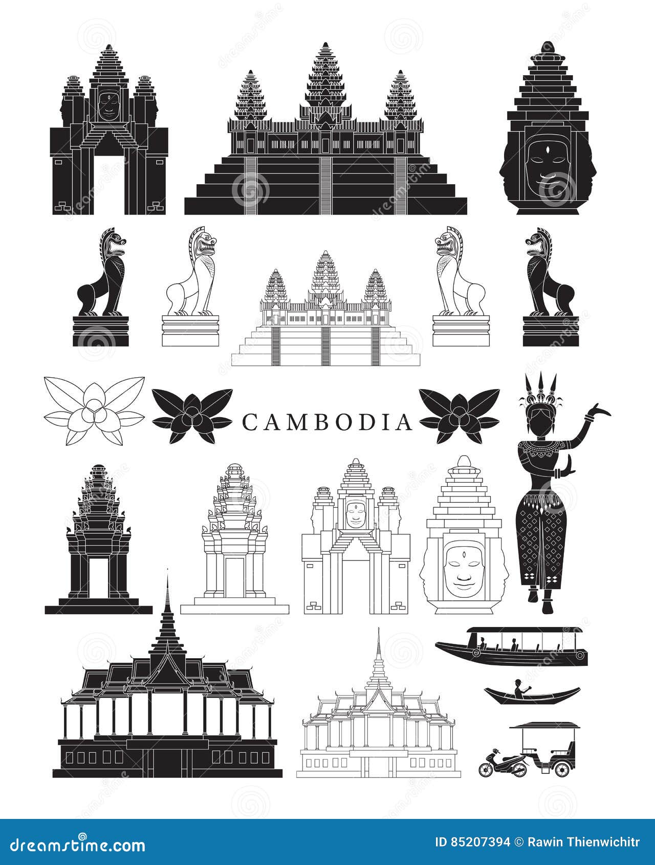 Cambodia Landmarks and Culture Object Set Stock Vector - Illustration ...