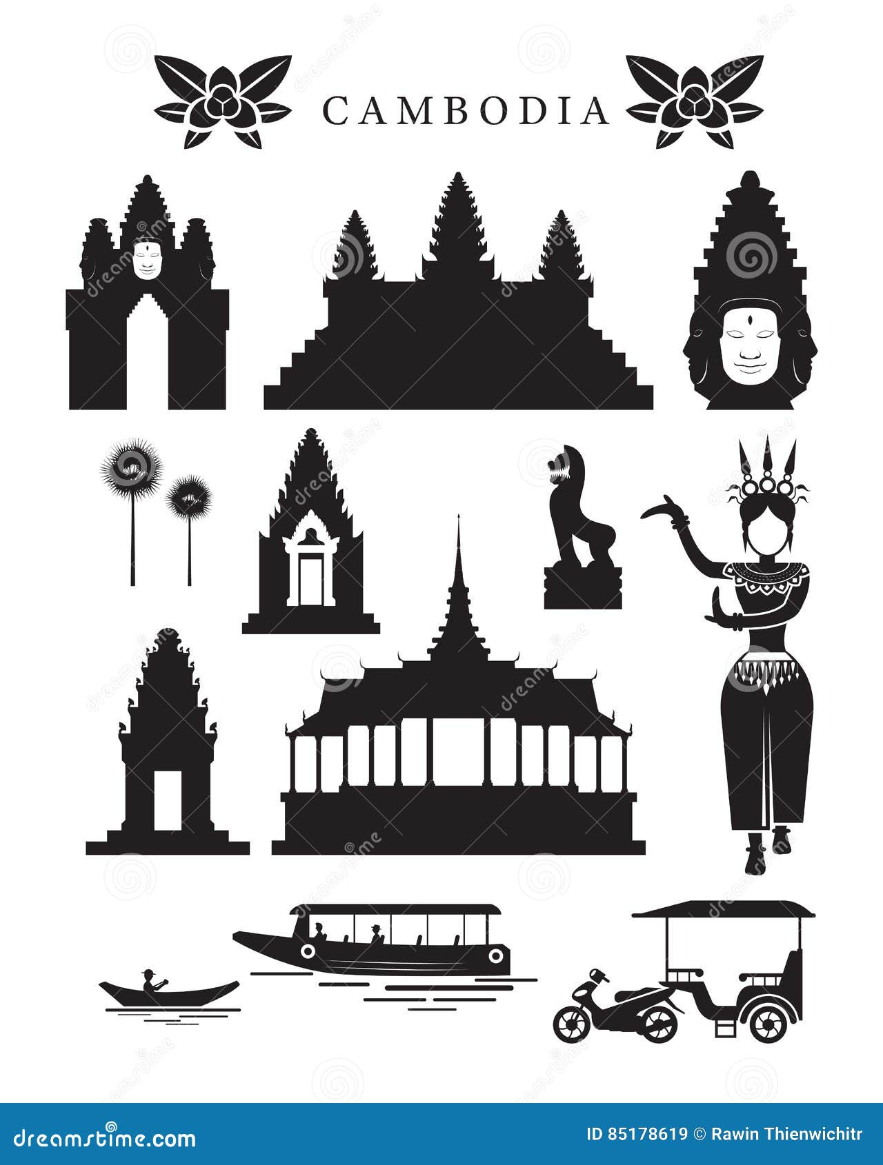 Cambodia Landmarks, People In Traditional Clothing, Frame Vector ...