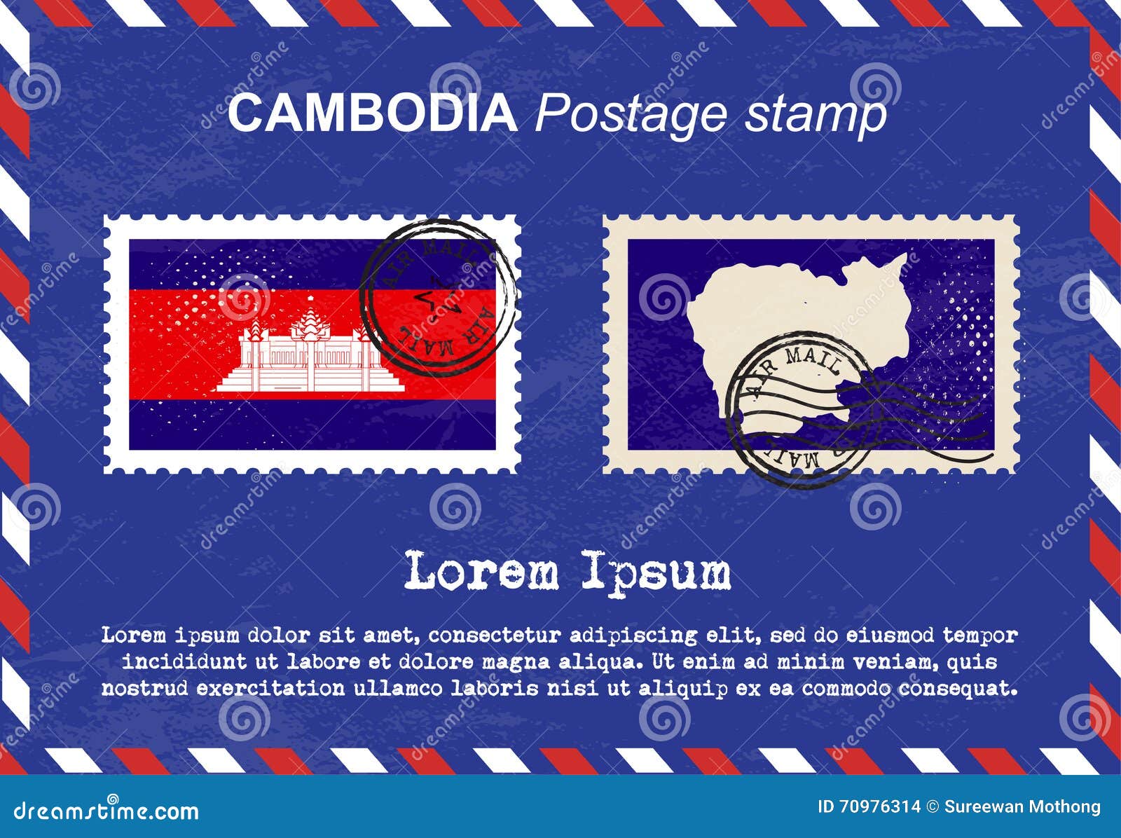 Cambodia Postage Stamp, Vintage Stamp, Air Mail Envelope. Stock Vector ...
