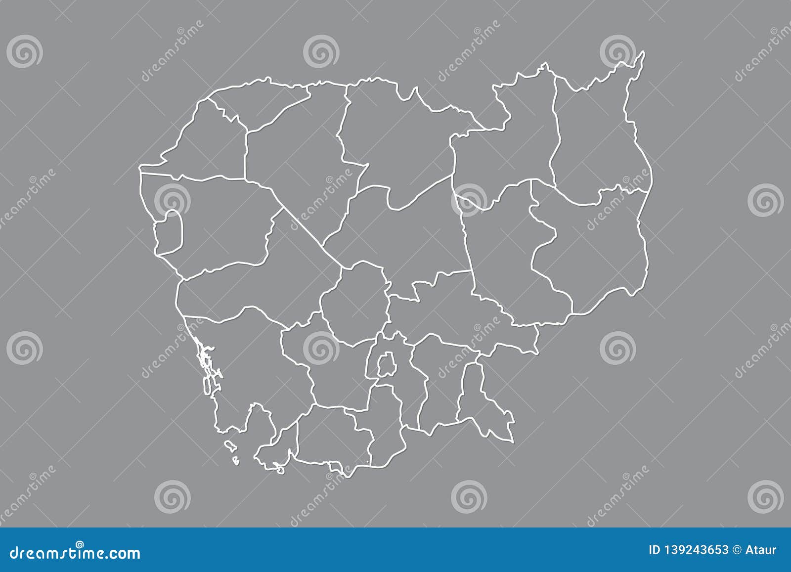 Cambodia Vector Map with Border Lines of Provinces Using Gray Color on ...