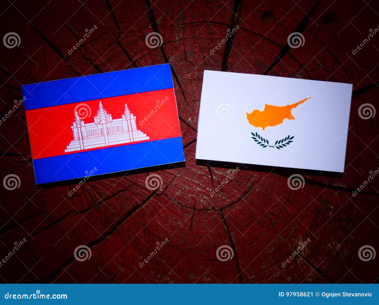 Cambodian Flag with Cypriot Flag on a Tree Stump Isolated Stock Image ...