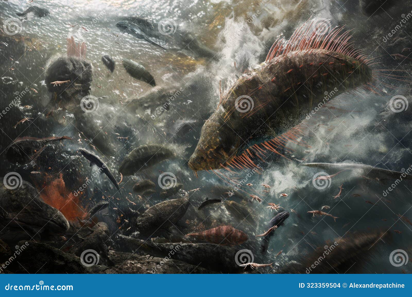 Creatures Of The Cambrian Underwater Scene With Pirania And Dinomischus ...