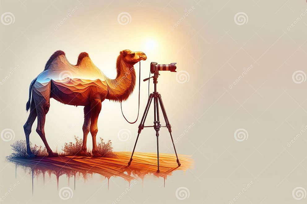 Camel with Camera at Sunset. Space for Text. Stock Illustration ...