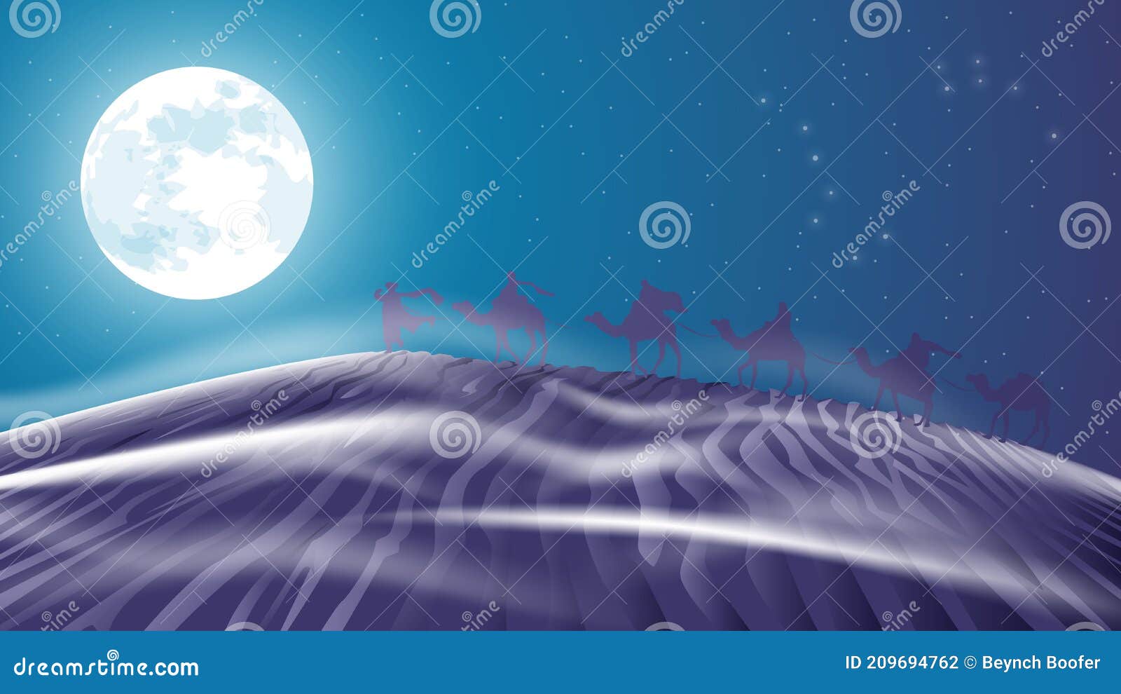 Camel Caravan in the Desert Under the Moonlight. Vector Illustration of ...