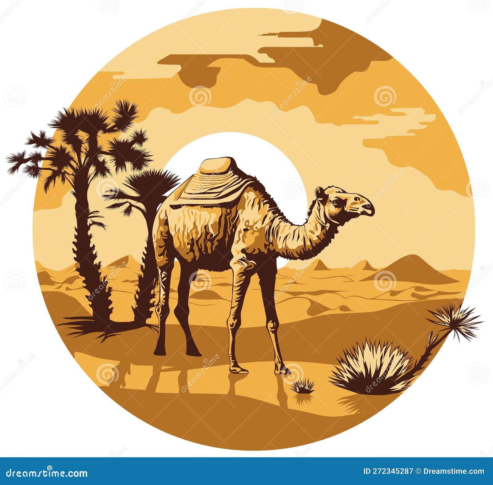 A Camel in the Desert Against a Backdrop of Palm Trees Stock Vector ...