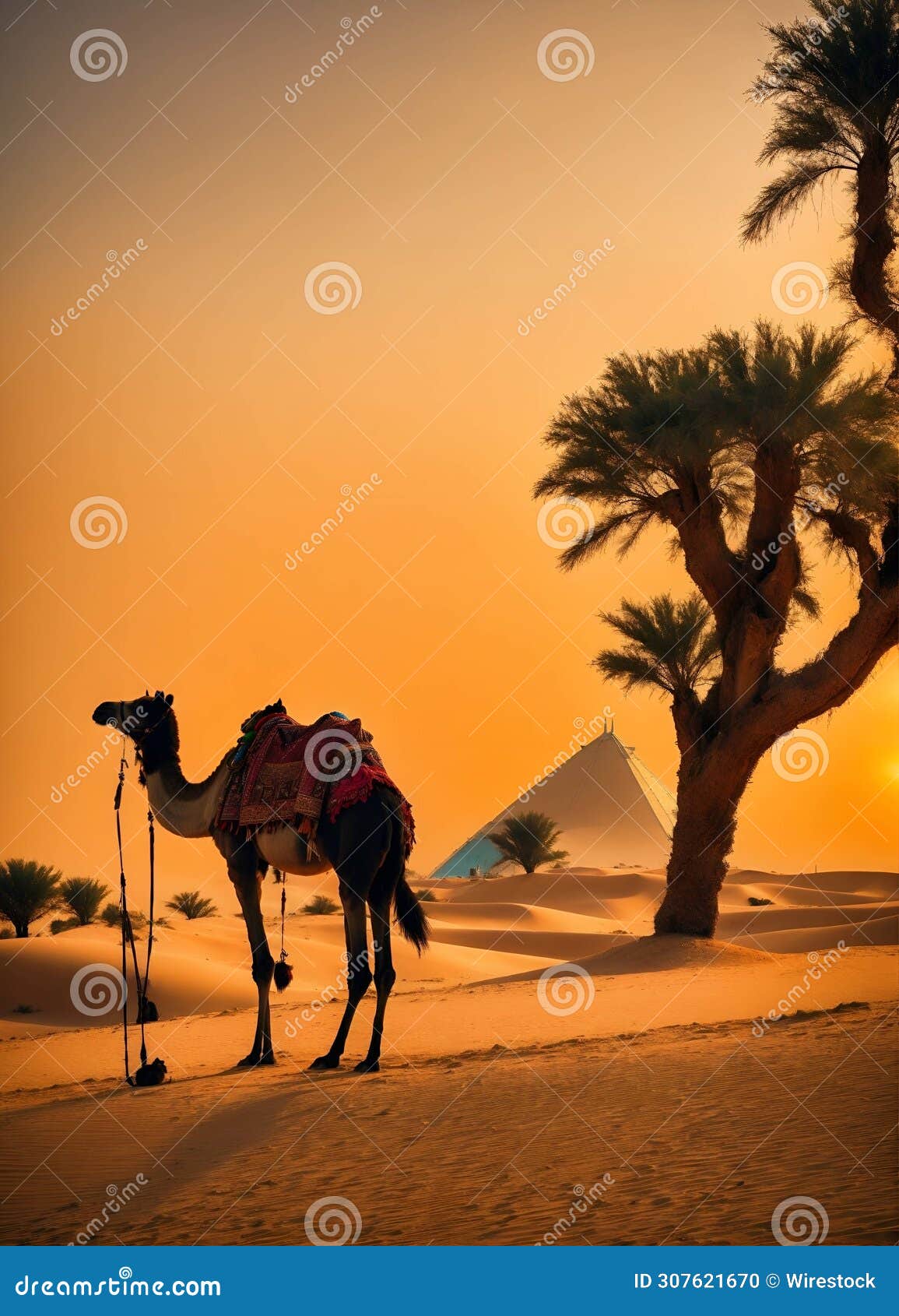 Camel in Desert with Egyptian Pyramids in Background Stock Photo ...