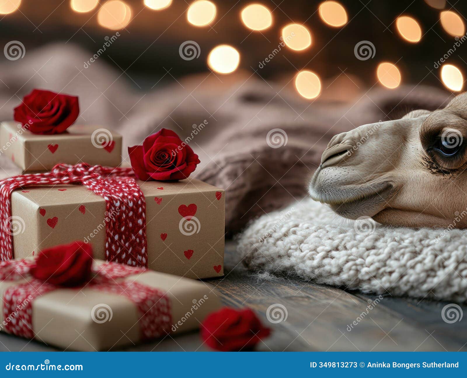 A Camel is Laying on a Blanket Next To a Stack of Presents Stock ...