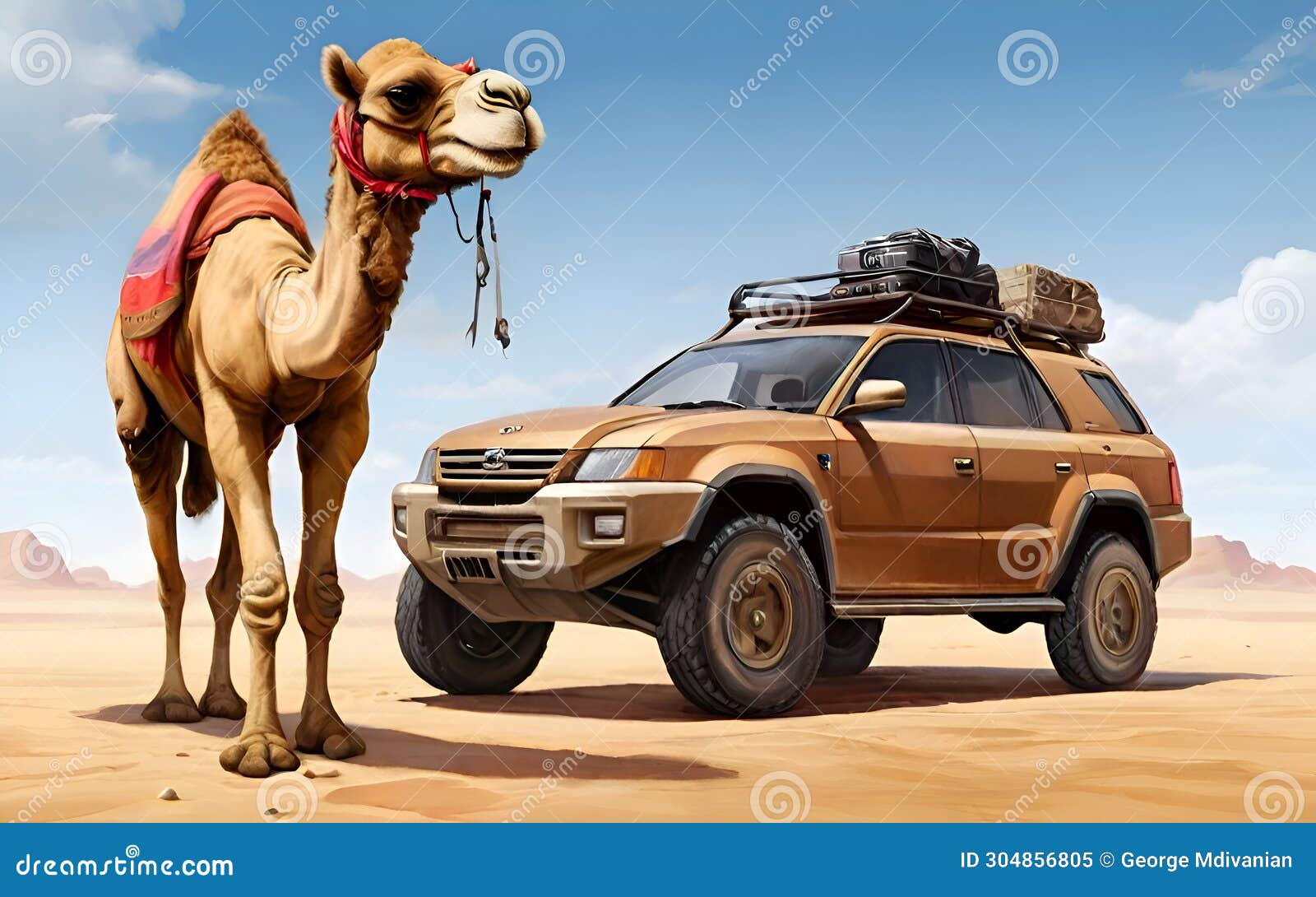 Camel and Off Road Car in the Desert Stock Illustration - Illustration ...