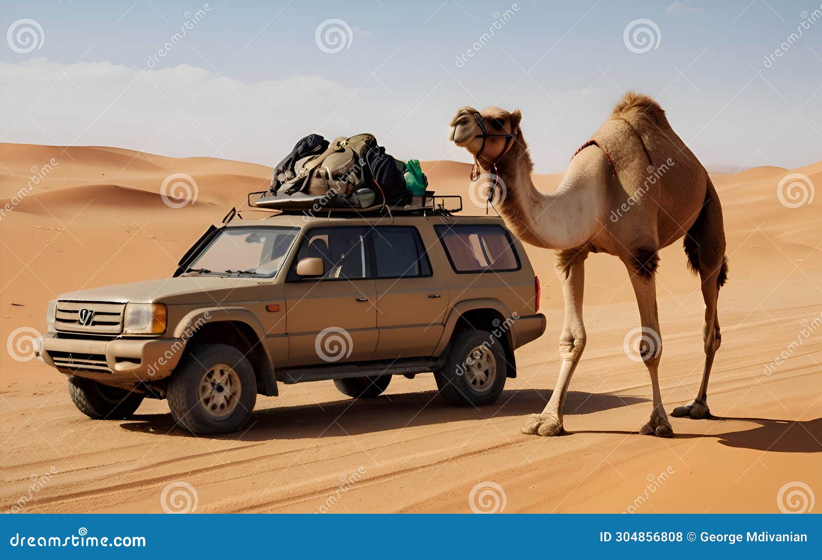Camel and Off Road Car in the Desert Stock Illustration - Illustration ...