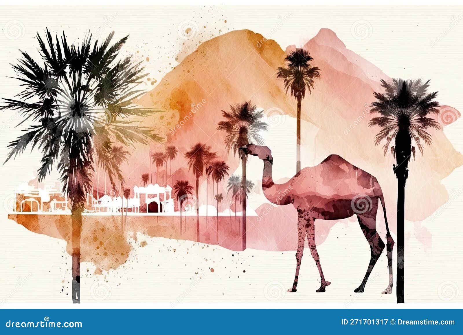 Camel and Palm Trees in a Watercolor Pattern. Color Scheme Pink Stock ...