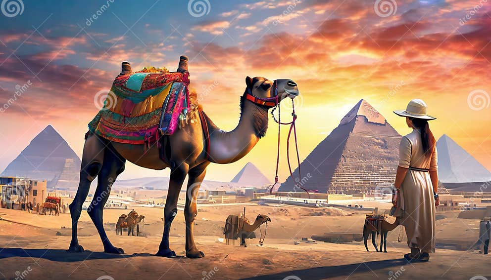 Camel at the Pyramid at Sunset Stock Illustration - Illustration of ...