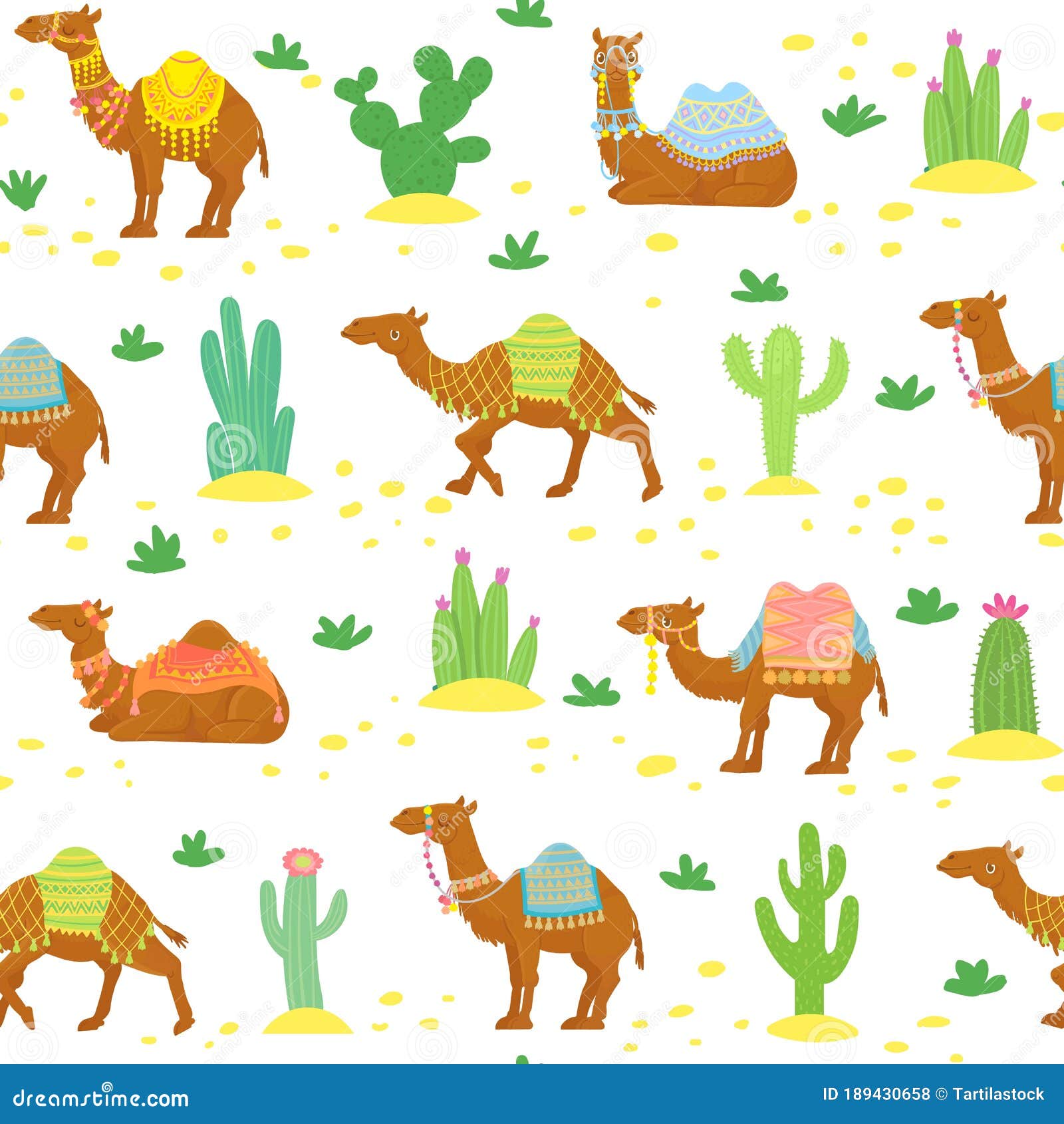 Camel Seamless Pattern. Cute Cartoon Desert Camels Among Cactuses ...