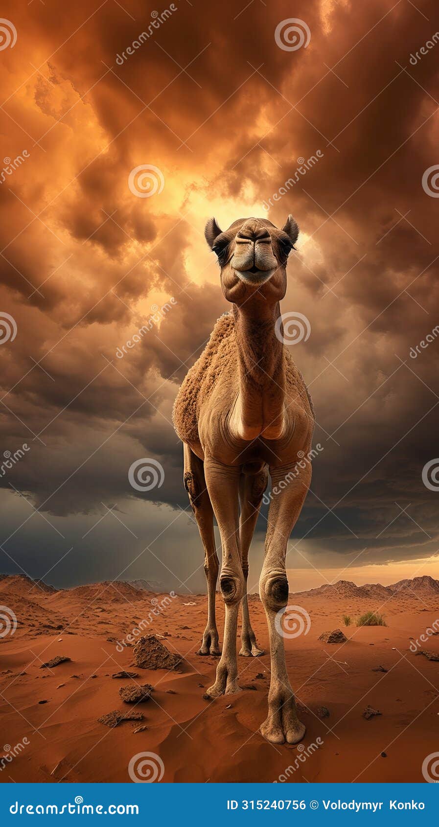 A Camel Standing in the Middle of a Desert Under a Cloudy Sky Stock ...