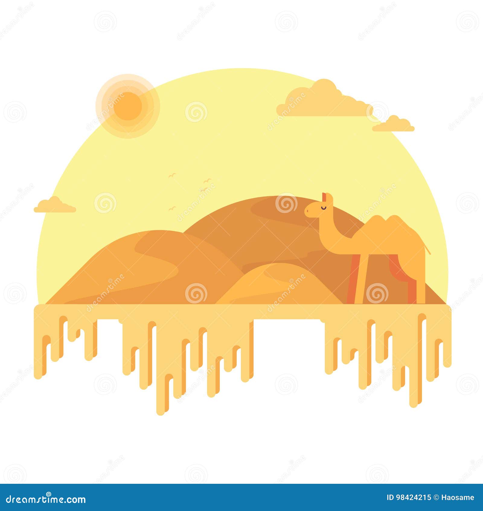 A Camel Stands In The Background Of The Dunes. Around Camel The Hot ...