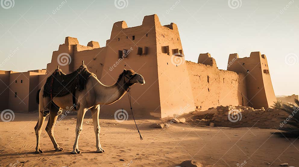 A Camel Stands in Front of a Castle in the Desert of Morocco Stock ...