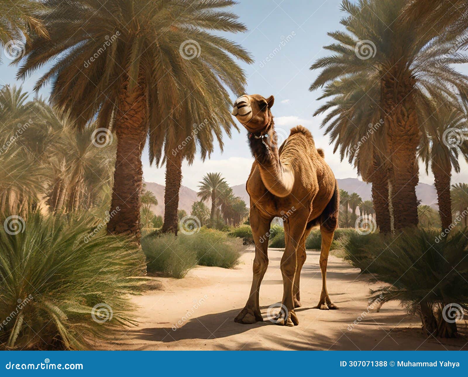 A Camel Walks in a Date Palm Garden Stock Illustration - Illustration ...