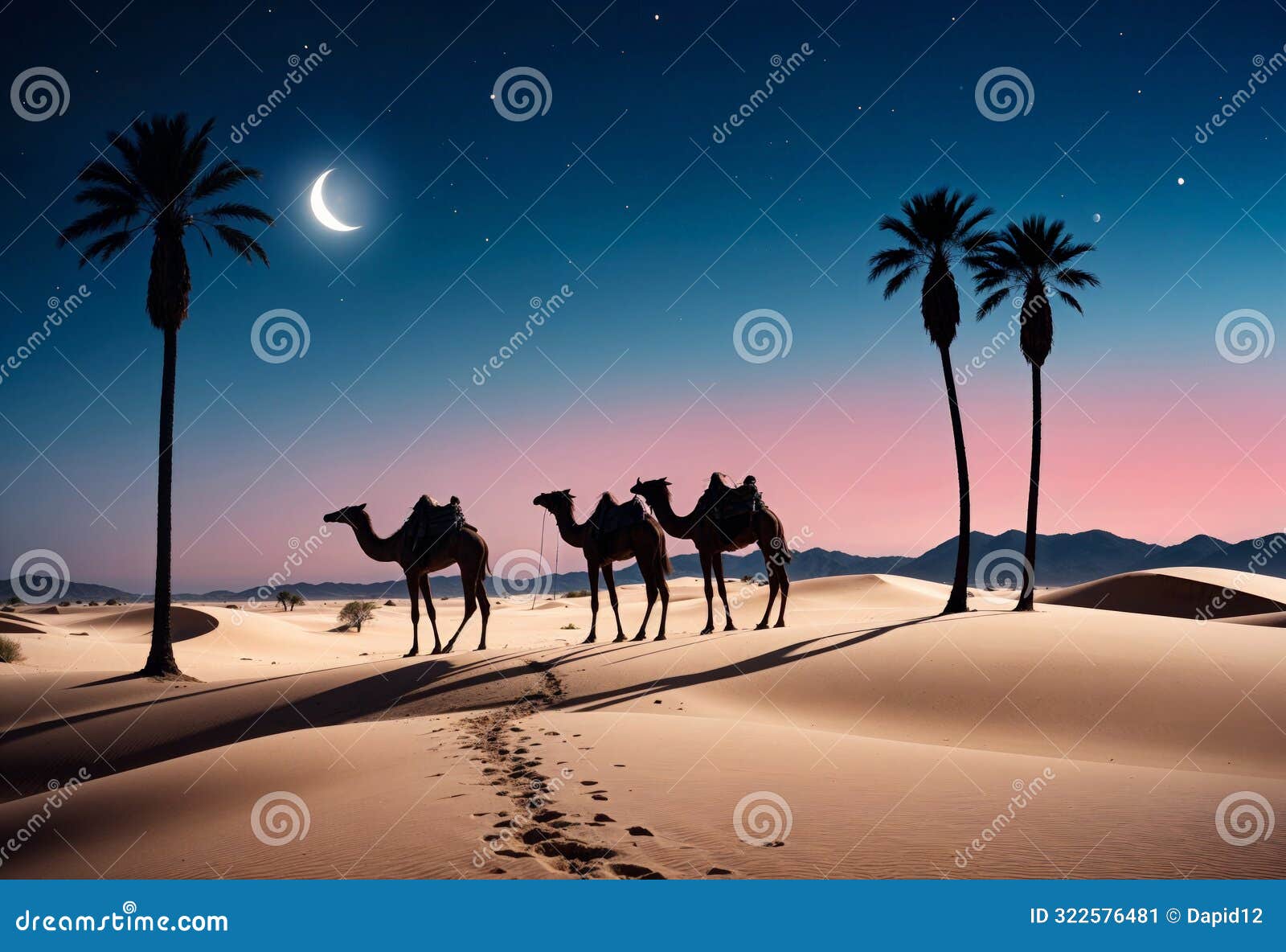 Camels in the Desert at Night with Palm Trees and Crescent Moon in the ...
