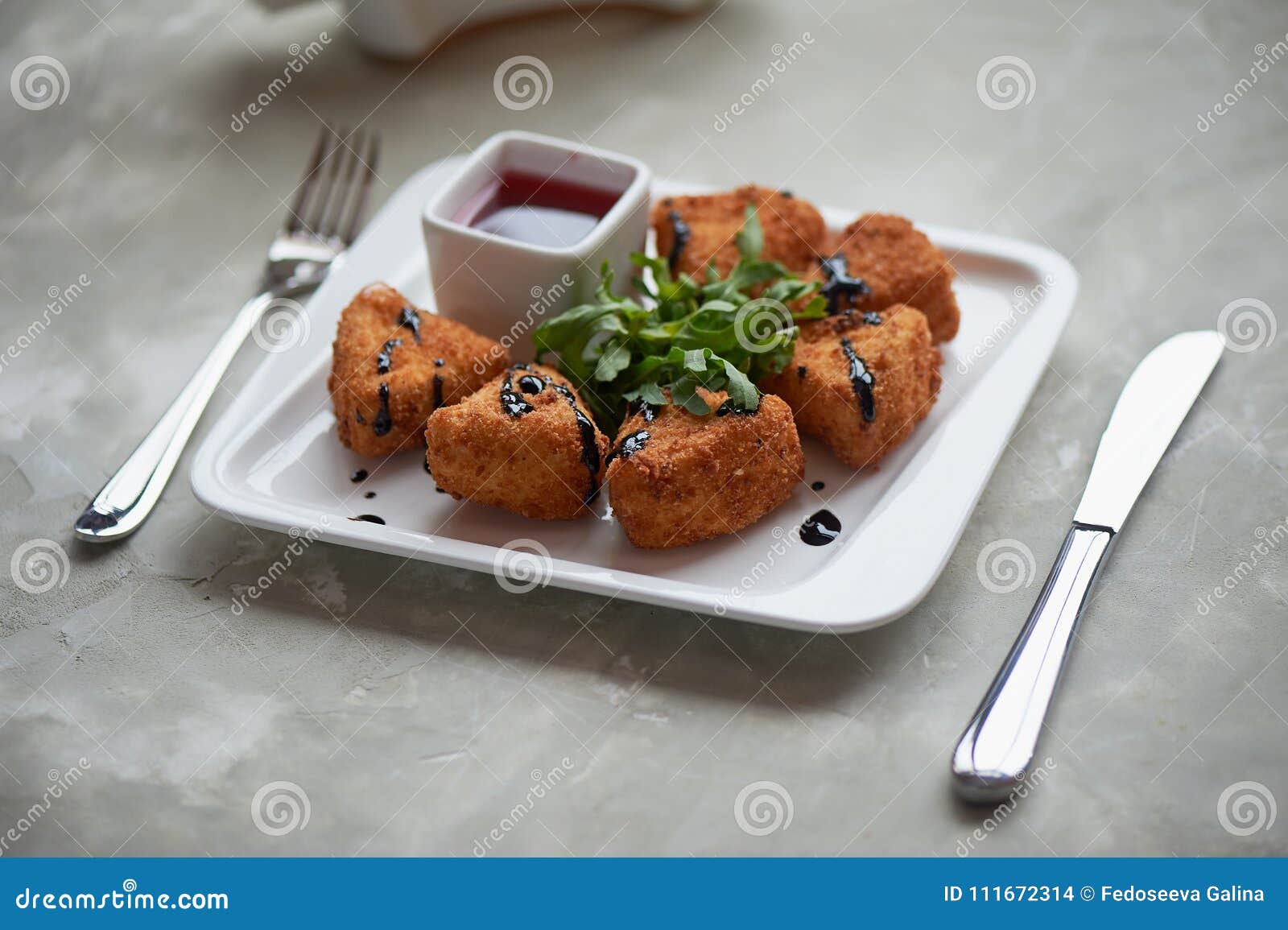 Camembert in Batter, Deep Fried,with Balsamic Vinegar and Arugula Stock ...
