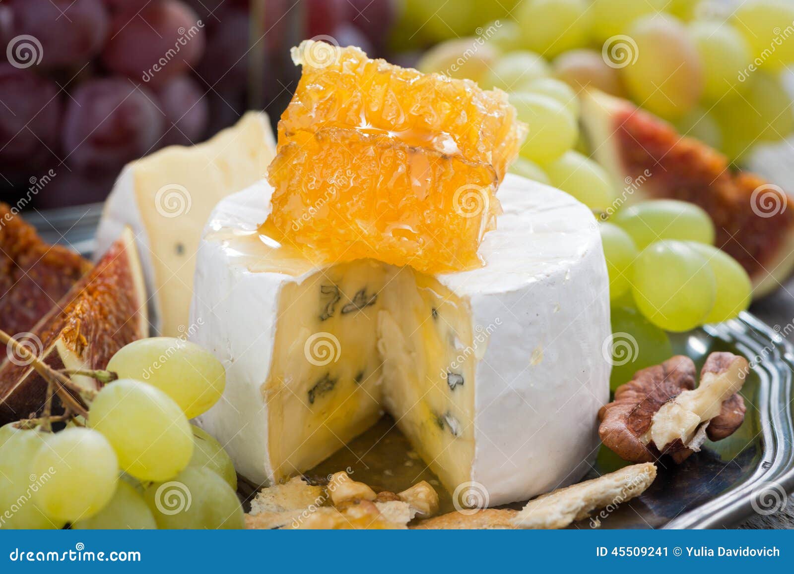 Camembert with Honey and Fruit, Snack on a Plate, Close-up Stock Image ...