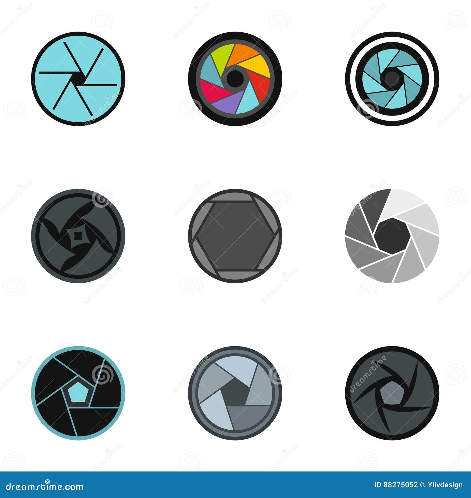 Camera Aperture Icons Set, Flat Style Stock Vector - Illustration of ...