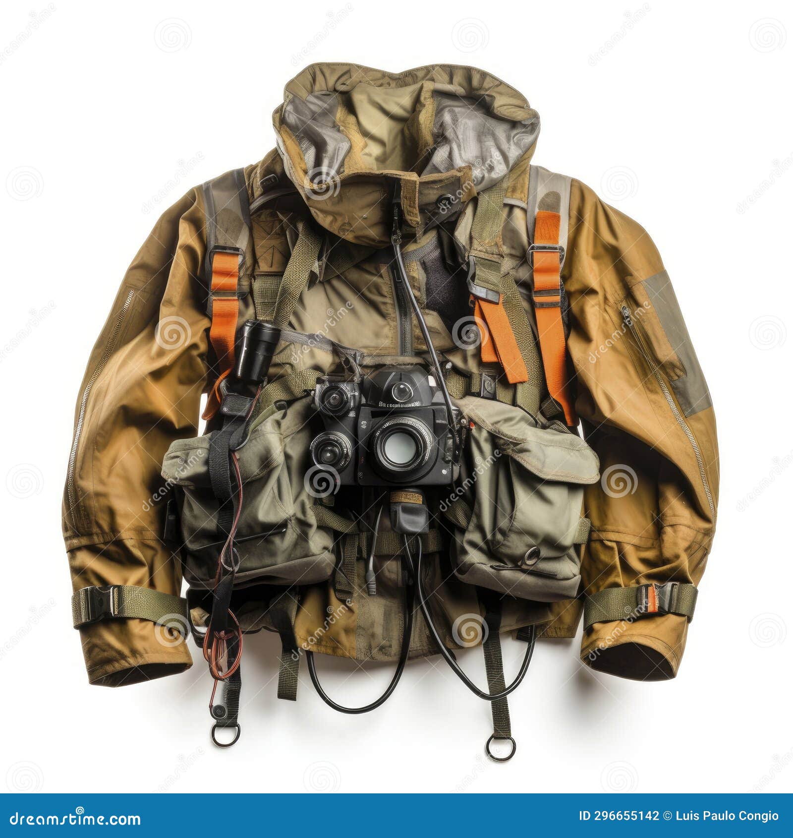 A Camera Attached To a Jacket on a White Background Stock Photo ...